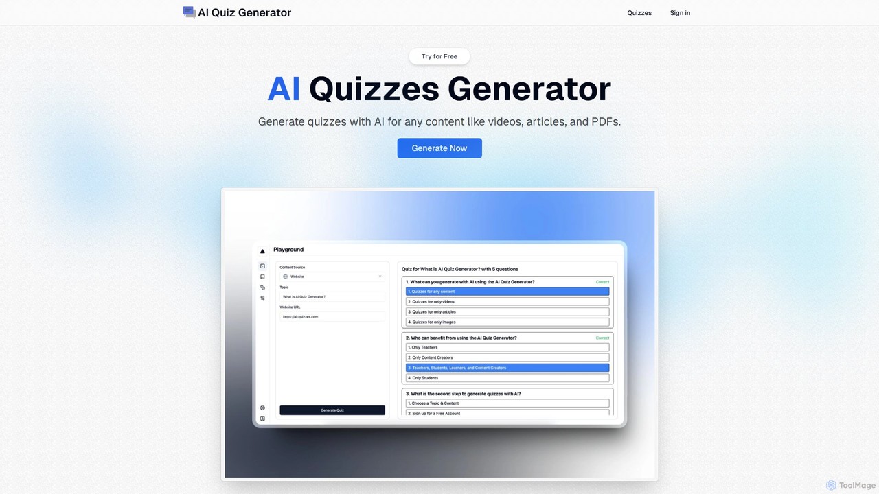 AI Quiz Generator | Create Quizzes from PDF & Text | ai_quizzes - ToolMage