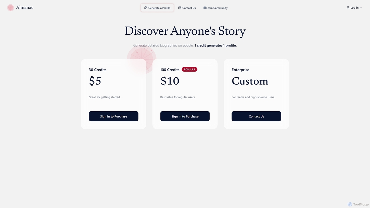 Almanac: AI Biography & Professional Profile Generator - ToolMage