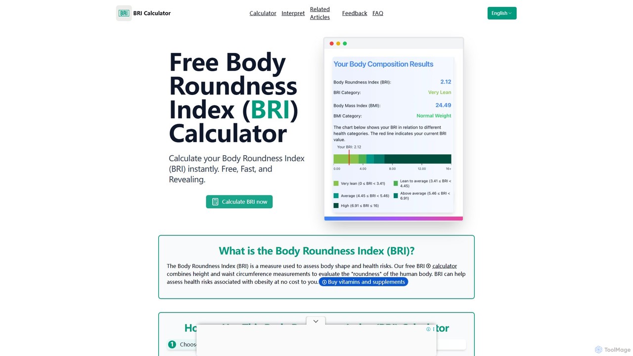 BRI Calculator | Free & Accurate Body Roundness Index Assessment - ToolMage