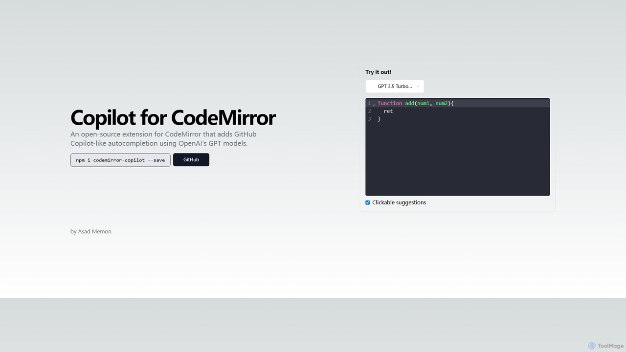 Copilot for CodeMirror | AI Code Completion Extension - ToolMage